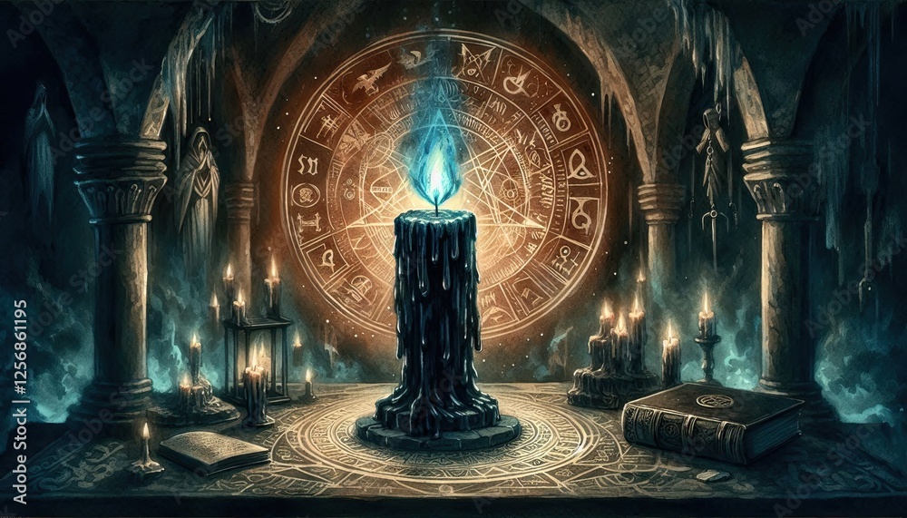 Mystical ritual scene with candles and alchemical symbols in dark ...
