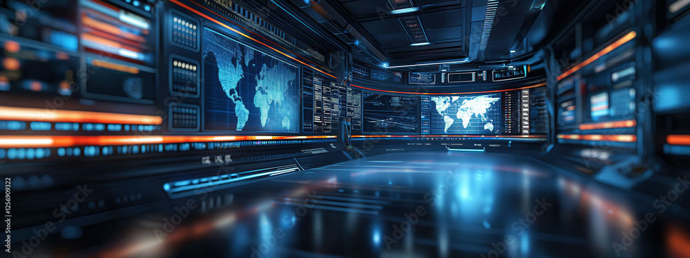 Dramatic digital news studio layout featuring bold fonts and scrolling ...