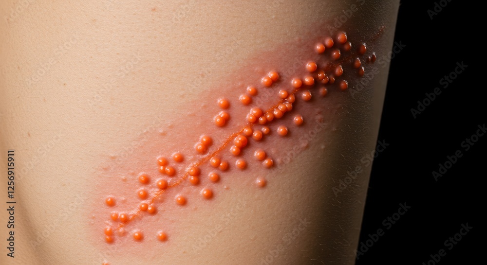 Skin eruption demonstrating shingles along a dermatome close-up view ...