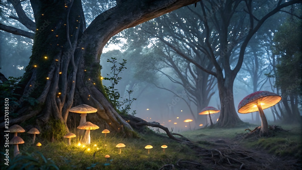 mystical enchanted forest at twilight, glowing bioluminescent mushrooms illuminating the ...