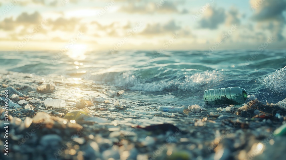Ocean Pollution: Plastic waste washes ashore on a beach at sunrise ...