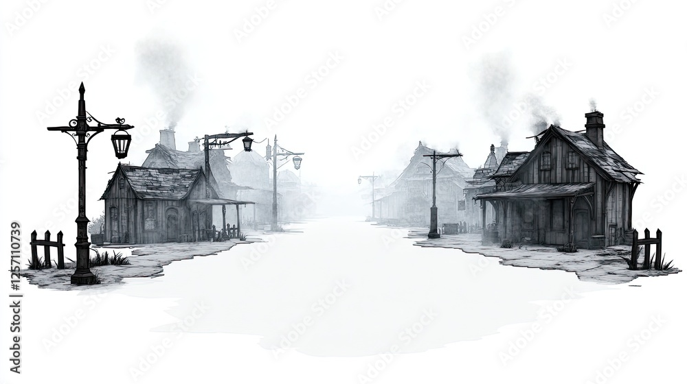 Desolate street scene with foggy atmosphere, abandoned houses, and ...