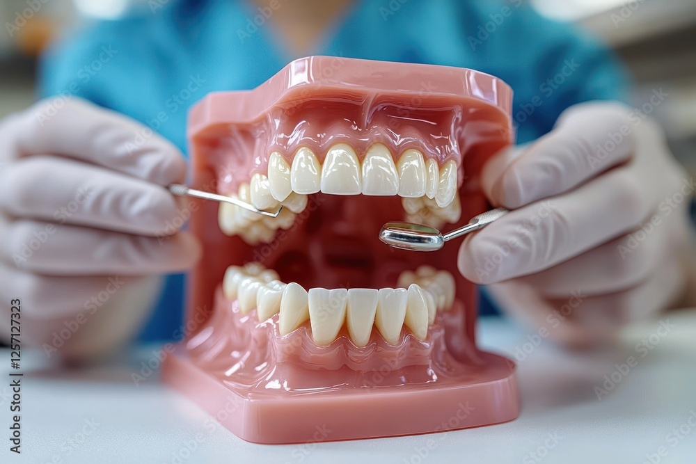 dental model close-up showing implant technology dental bridge teeth ...
