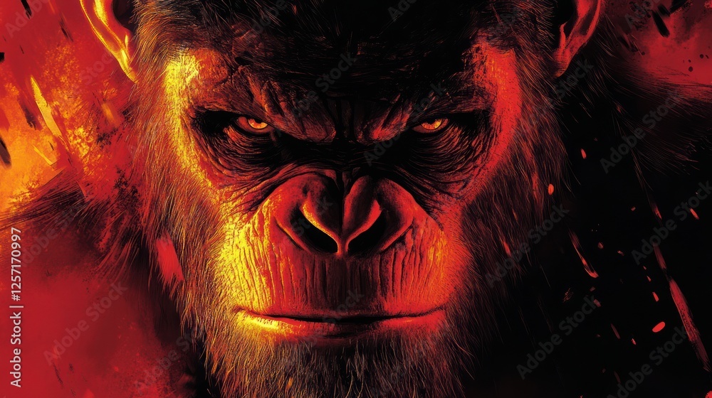 Angry ape, fiery inferno background, close-up portrait, movie poster ...