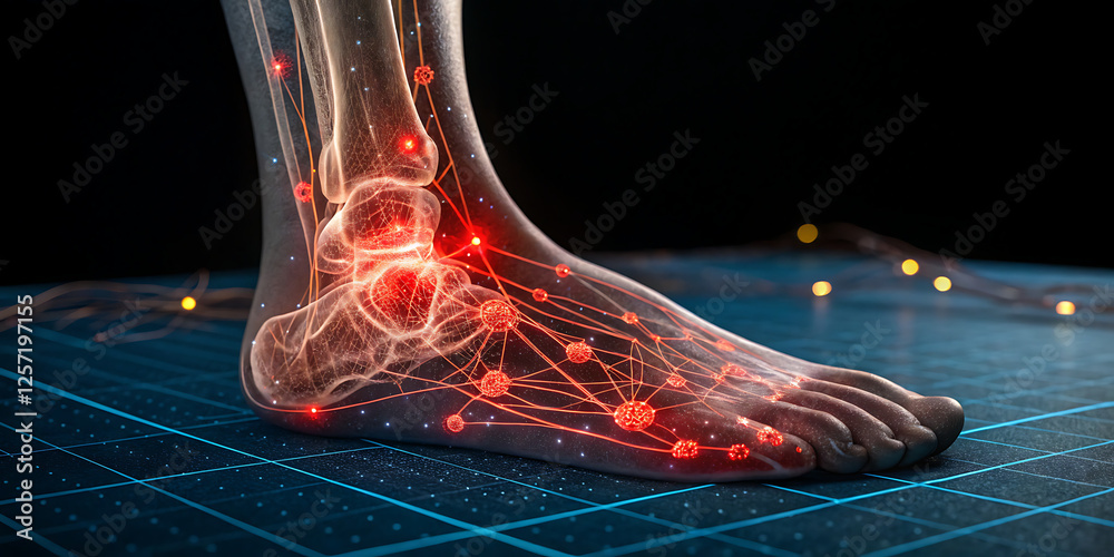 3D Medical Illustration of Foot Bones with Glowing Red Pain Points and ...