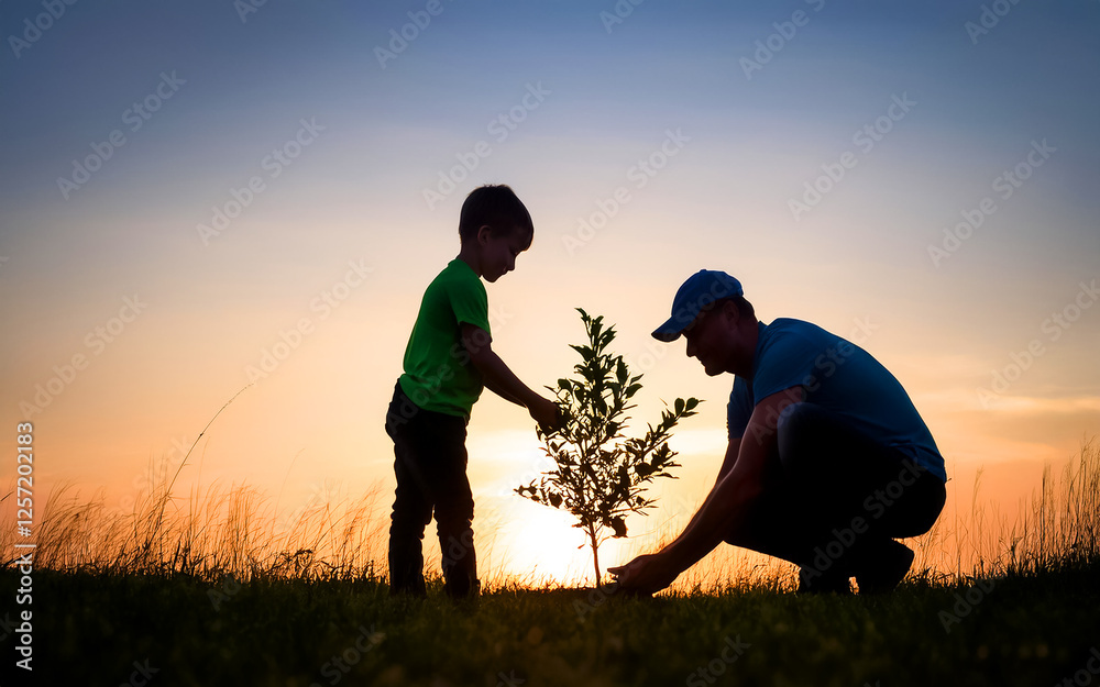 Silhouettes in backlight of a father planting a tree with his son in ...
