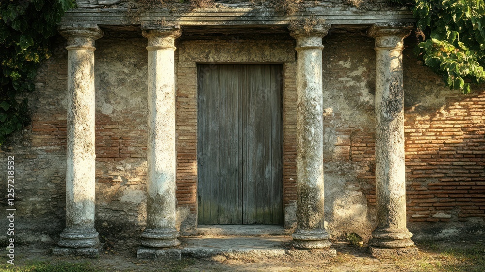 Ancient stone columns frame weathered door, overgrown ruin background ...