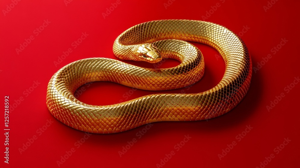 A golden snake on an isolated red background. The snake's body is ...