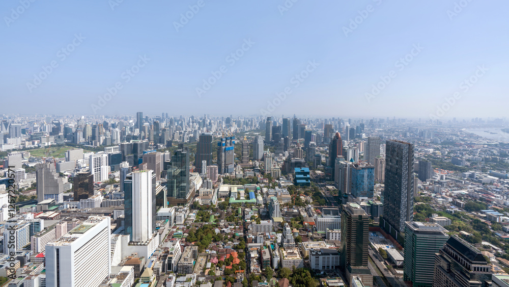 A panoramic view of a bustling city featuring skyscraper and a mix of urban building. The clear ...