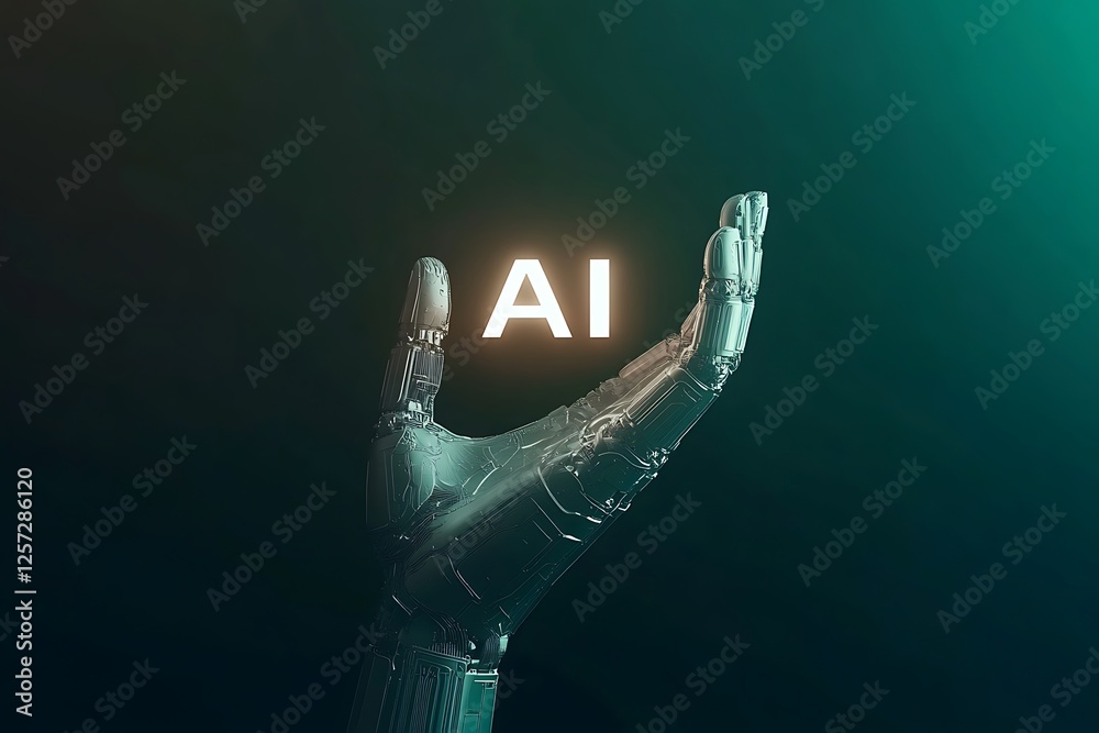 A robotic hand gently cradles the glowing letters 'AI', symbolizing the ...