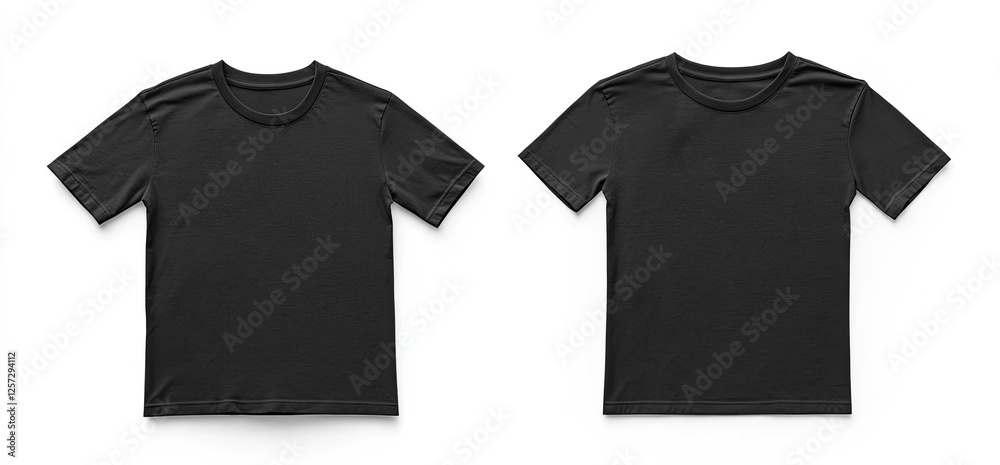 Two black t-shirts, front and back views, on white background, for ...