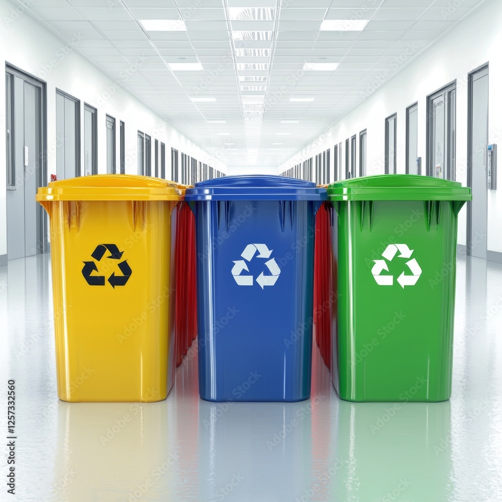Colorful Recycling Bins in a Modern Hallway for Waste Management and ...