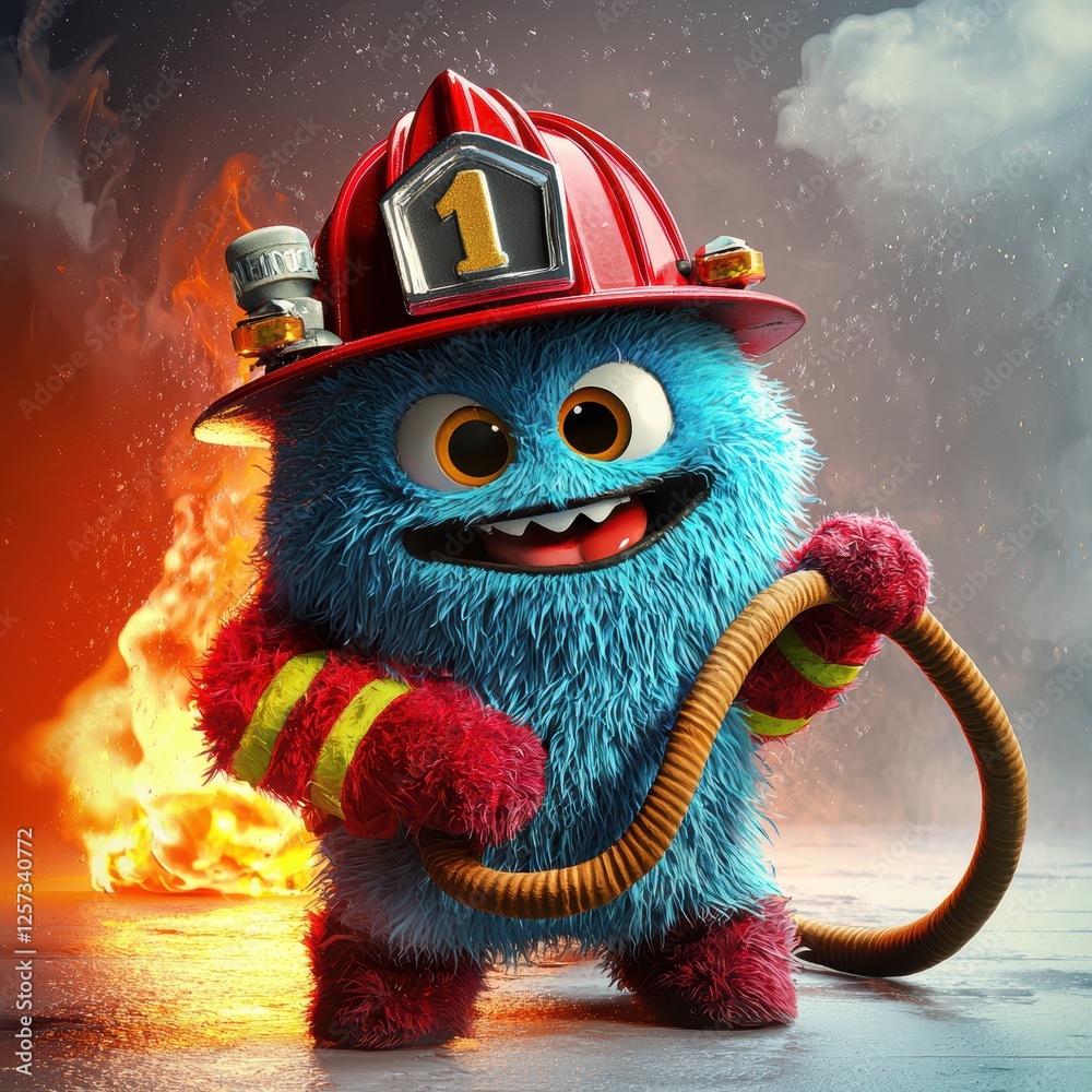 Fluffy friendly monster as a firefighter, wearing a red helmet and ...