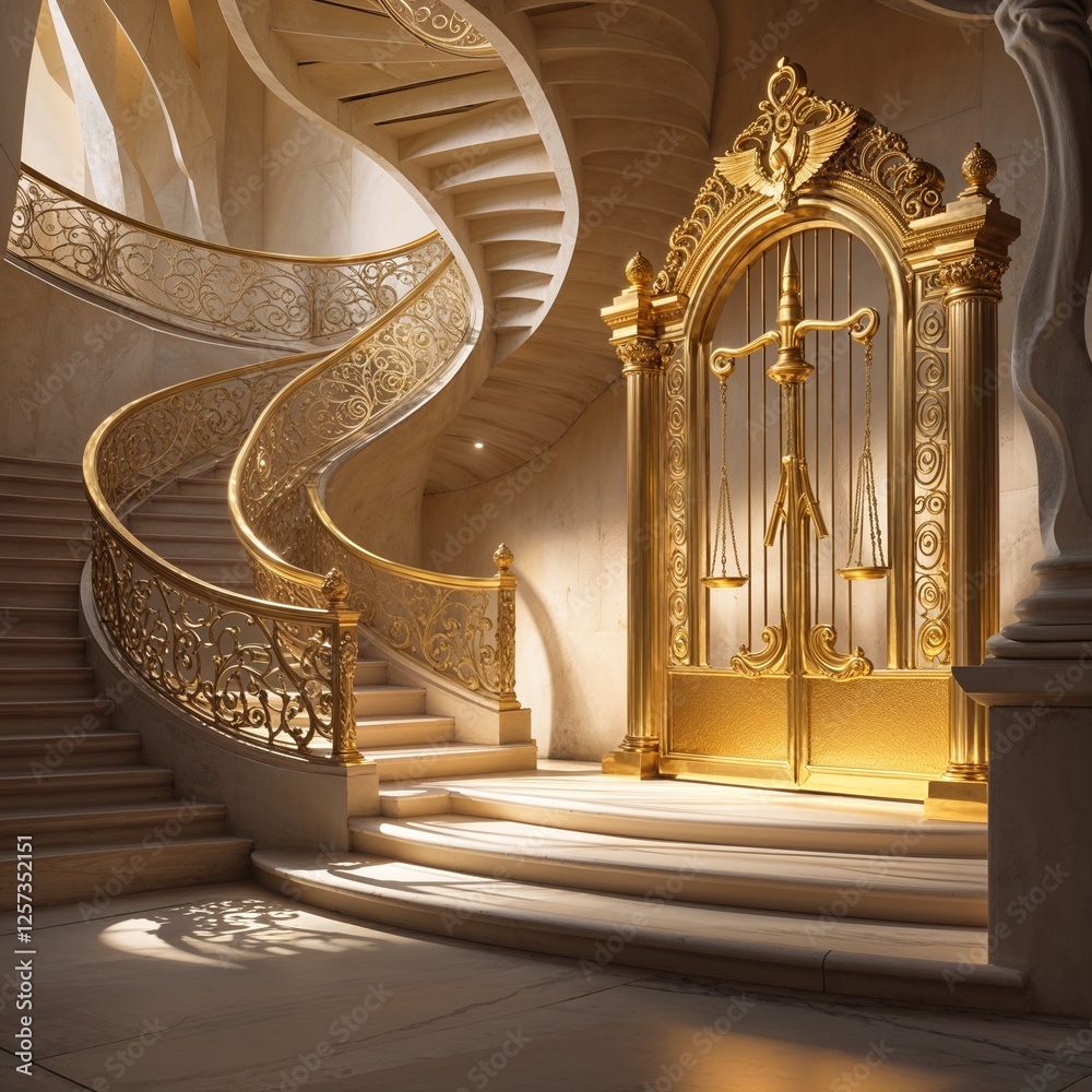 Elegant Grand Staircase With Ornate Golden Railings And Majestic Doors ...