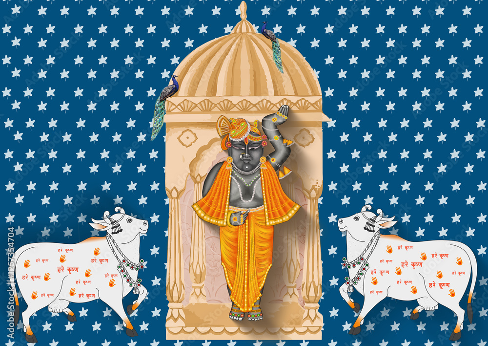 Illustration Of Indian God Shreenath Ji As Lord Krishna With Holy Cows ...