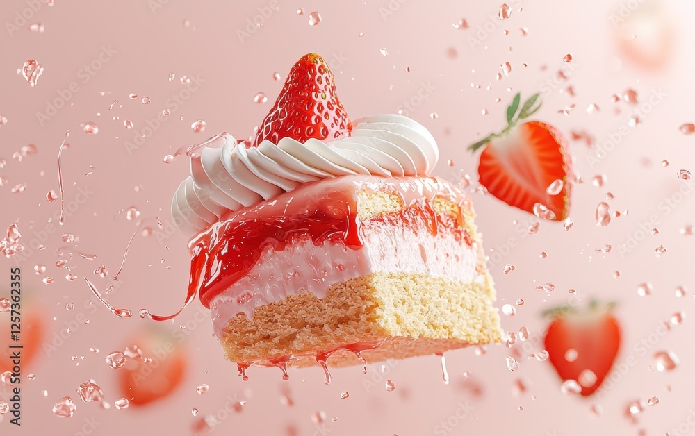 A strawberry shortcake levitating with glossy jam streaks and tiny ...