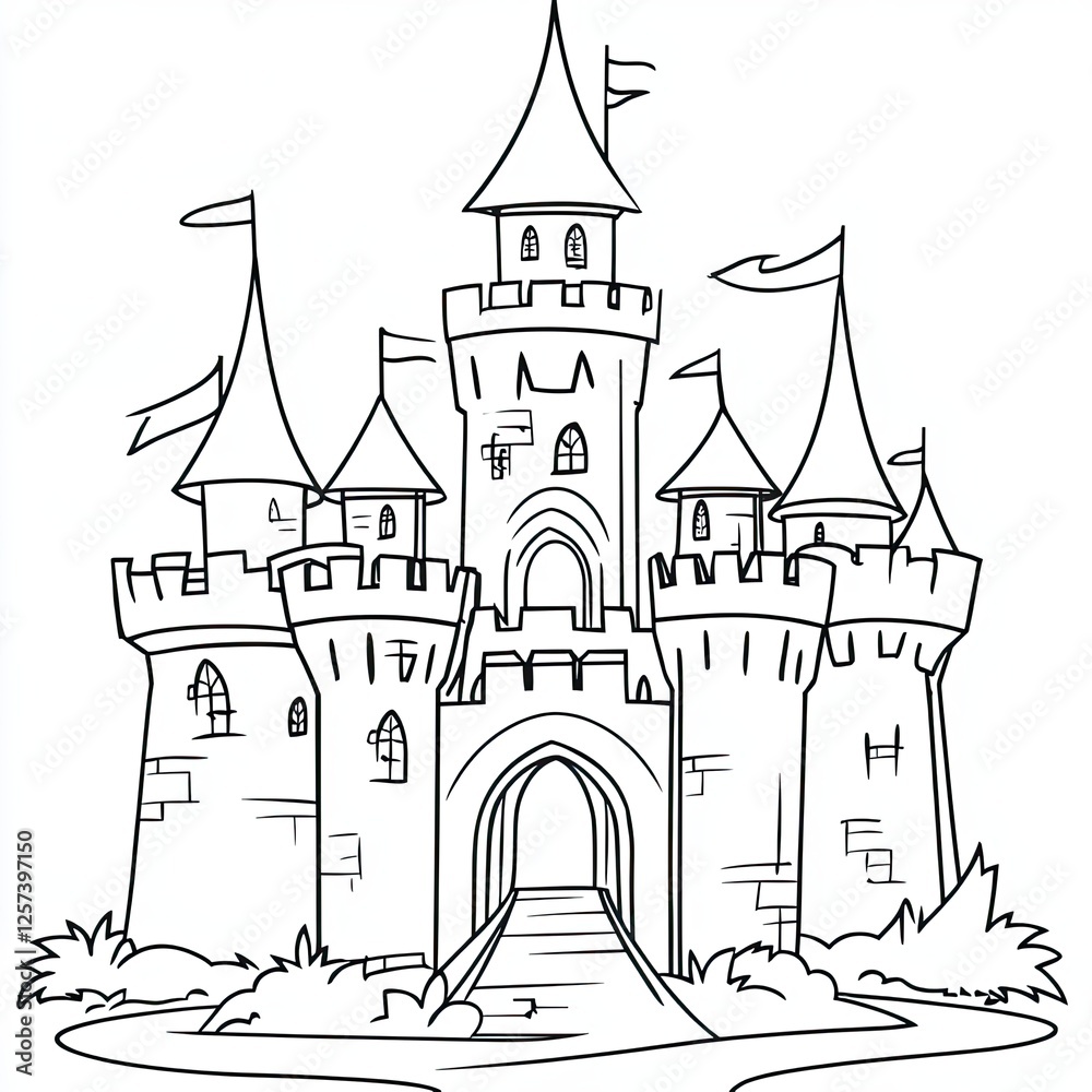 Simple Castle Coloring Page Illustration Fun Activity for Kids Stock ...
