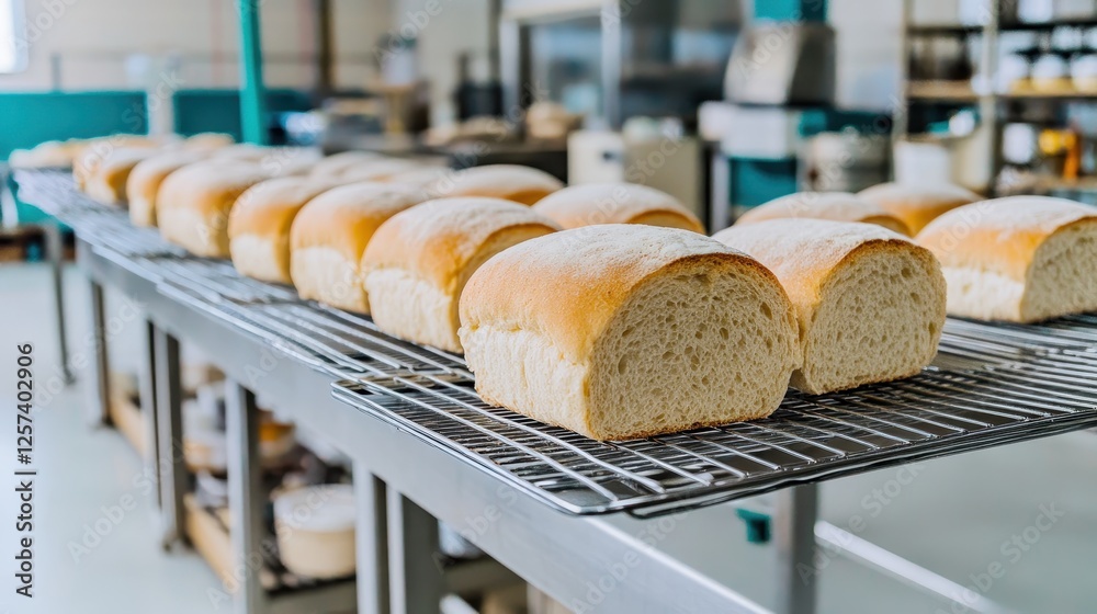 Freshly Baked Bread Loaves Cooling on a Wire Rack in Bakery Kitchen ...