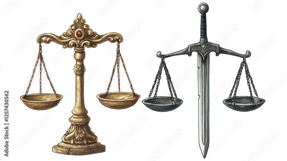 Justice Scales, Sword, Legal Symbol, Balance, Art Illustration, Royalty ...