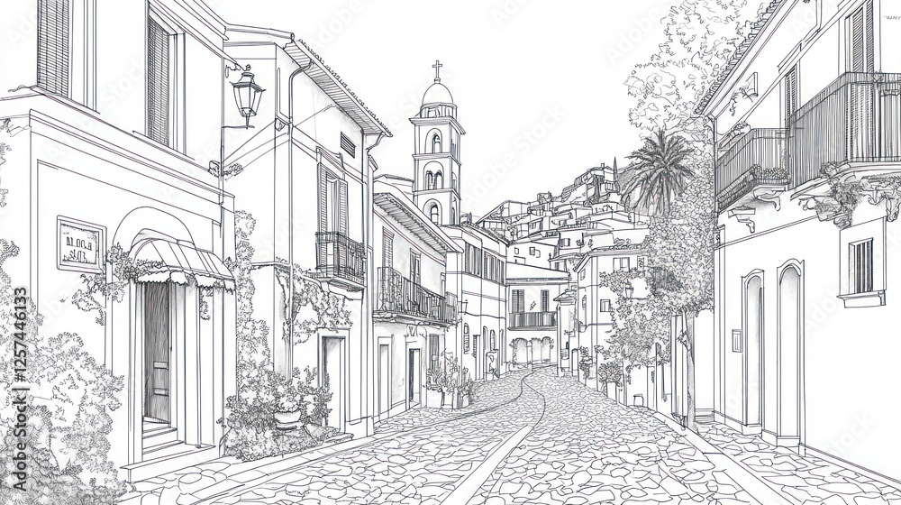 Hillside cobblestone street, Italian village, church tower, background ...