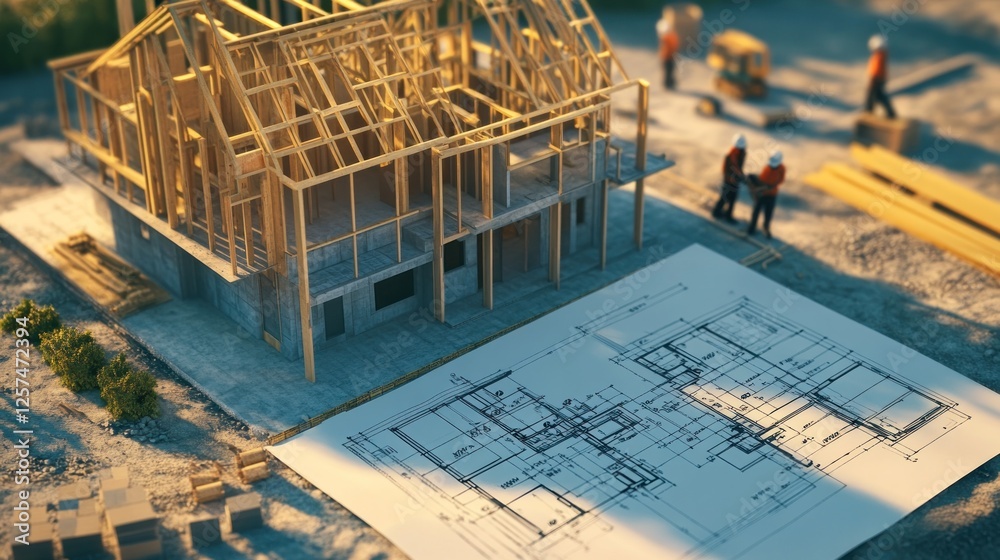 House construction site model, blueprint, workers Stock Photo | Adobe Stock