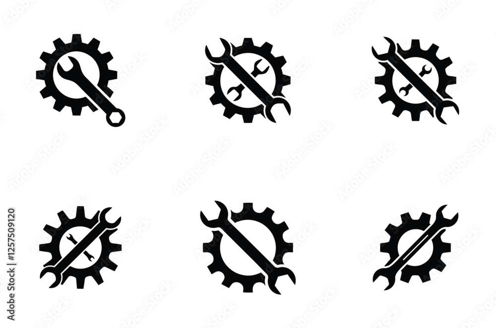 Gear and Wrench icon and logo vector silhouette set design for ...