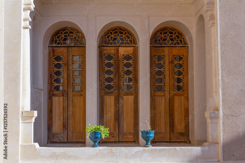 Interior of Aghazadeh mansion in Abarkouh, Yazd, Iran with stained ...
