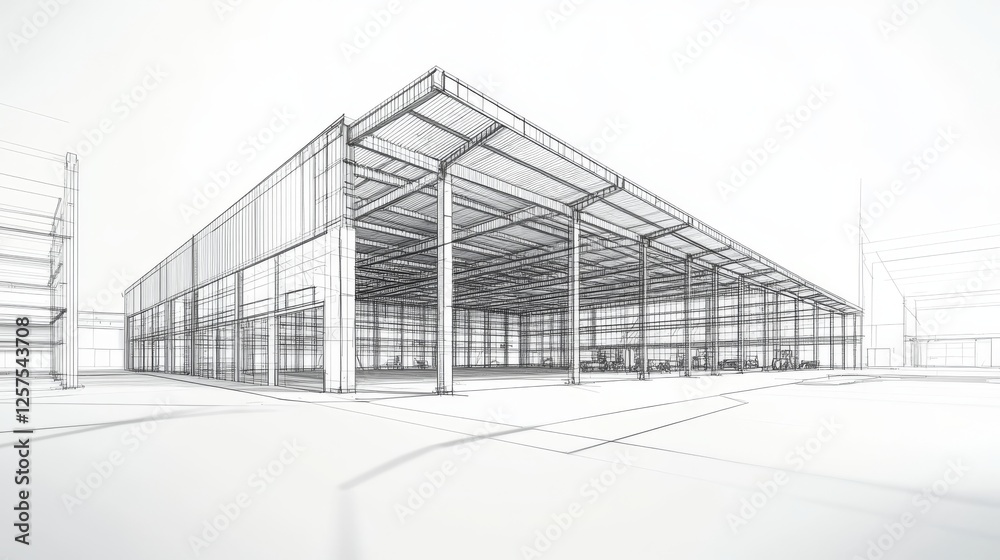 architectural warehouse sketch, industrial framework drawing ...