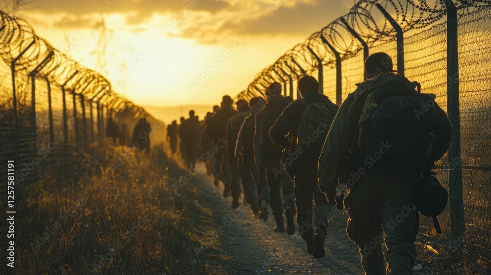 Against the backdrop of a glowing sunset, groups of refugees traverse a ...