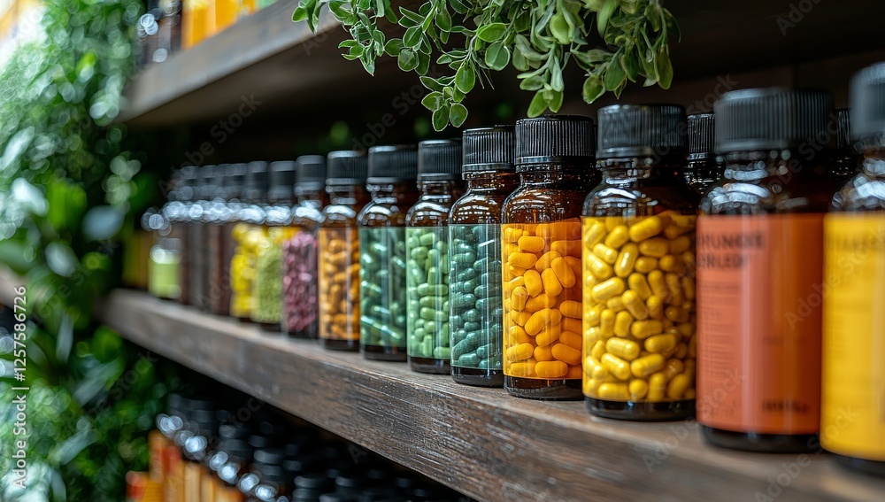 Grocery store health supplement aisle with a touchscreen for ordering ...