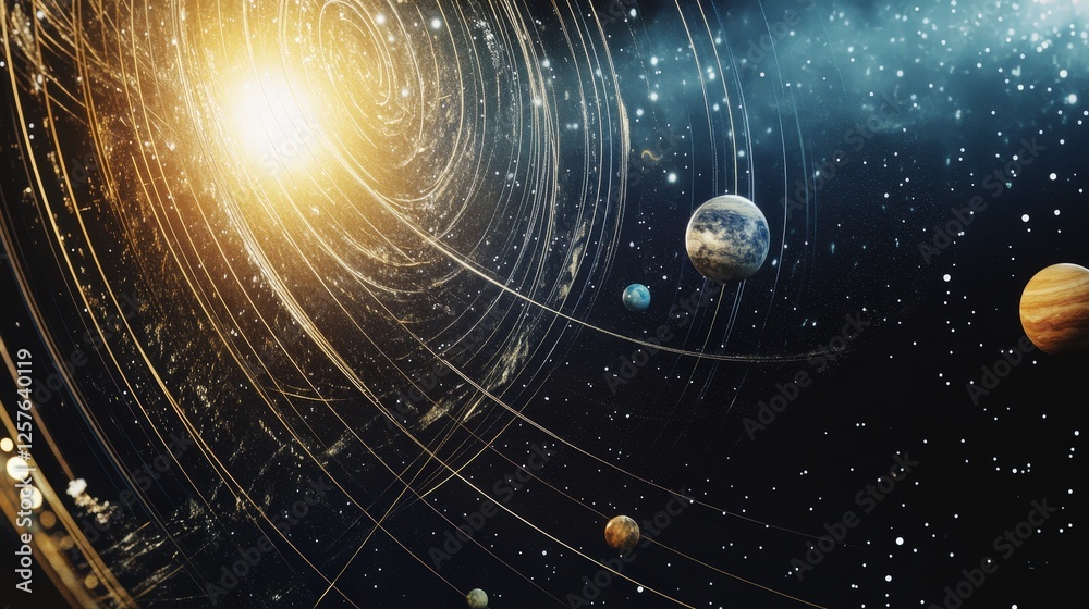 Solar System, with planets orbiting the Sun, each in their own path ...