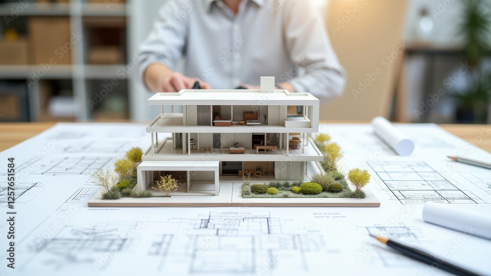 architect's hand pointing at a scale model of a modern house on a ...