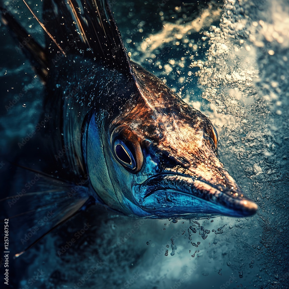 sailfish s face as it emerges from the water, its sharp features and ...