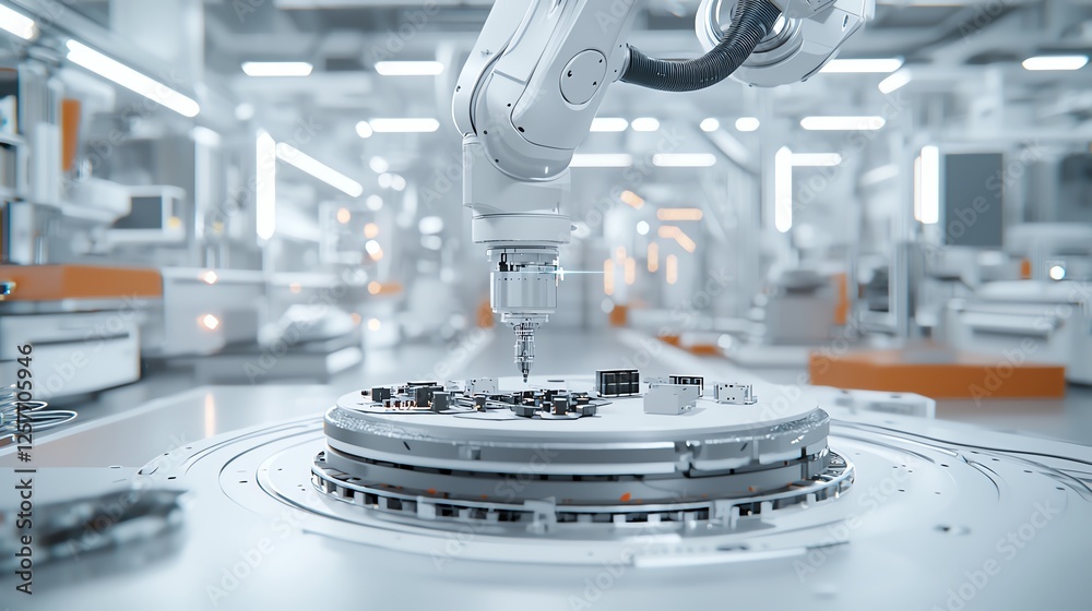 Automated robotic arm in a high-tech modern manufacturing facility ...