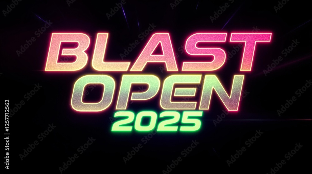 Blast Open 2025 neon text on a black background for esports news Stock Illustration | Adobe Stock