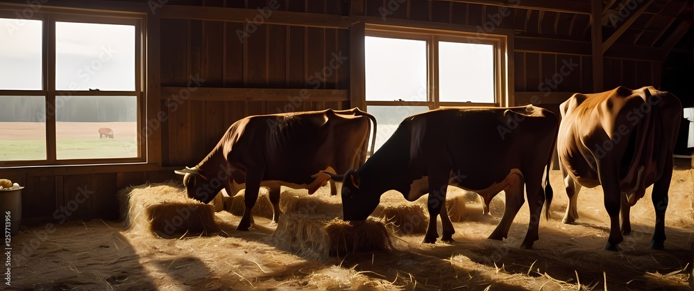 Curious cows munching on hay in a cozy barn setting soft light pouring ...