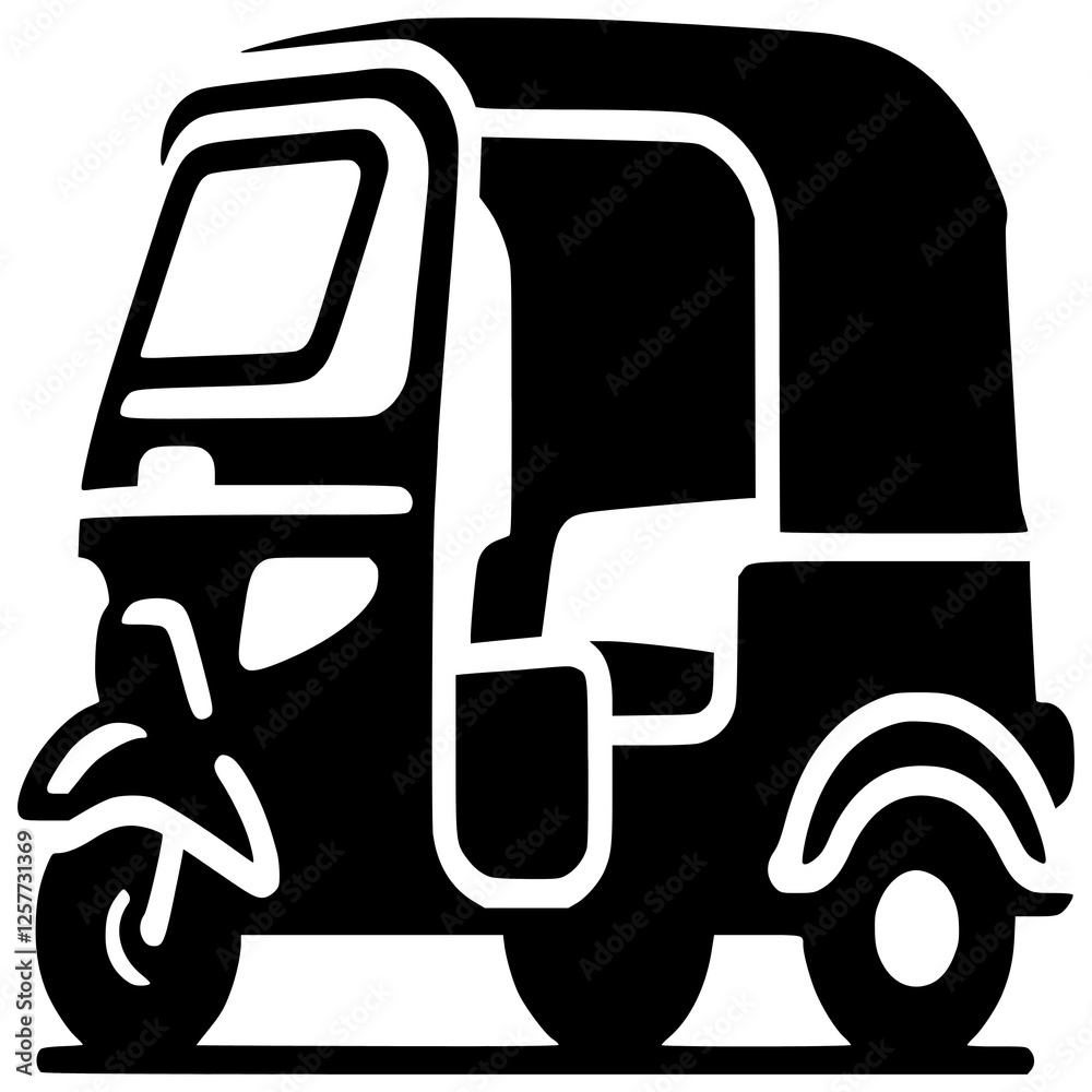 Auto rickshaw Icon: A simple, bold silhouette of a three-wheeled auto ...
