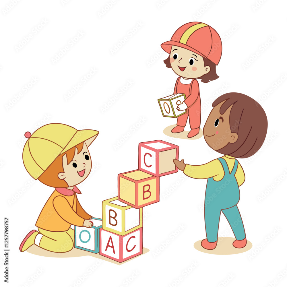Cartoon children playing stacking alphabet blocks , vector illustration ...