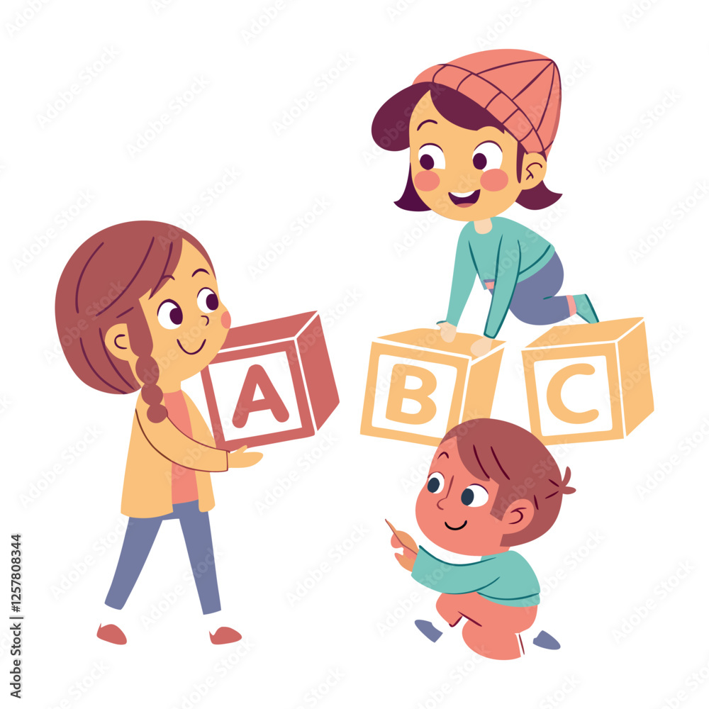 Cartoon children playing stacking alphabet blocks , vector illustration ...