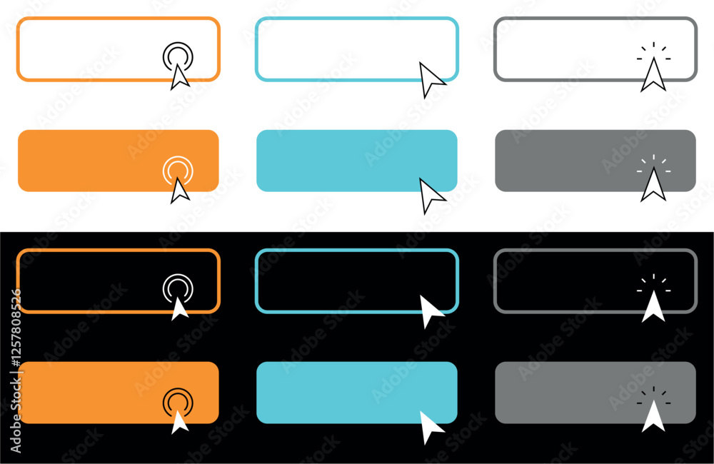 Blank Button with pointer clicking. Web button set. Action button click here with click cursor ...