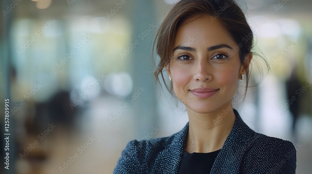 Confident businesswoman smiling, office background, headshot ...