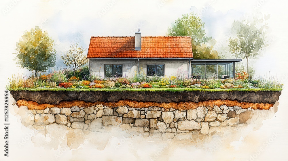 Cottage garden design, cross-section view, landscaping, rural setting ...