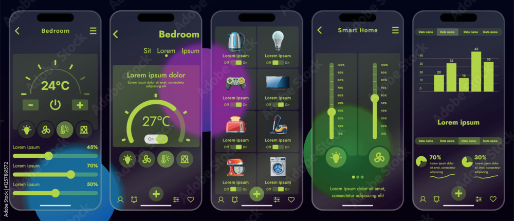Sleek vector illustration of a smart home app interface displayed on a ...