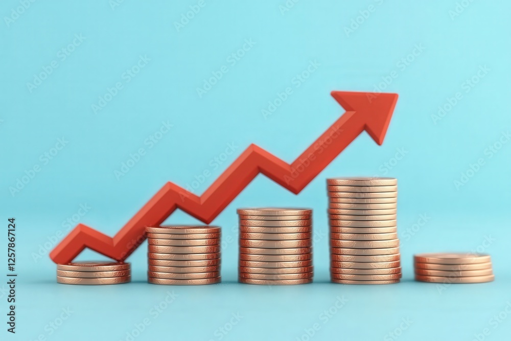 Growth in business rising coins representing a steady increase blue ...