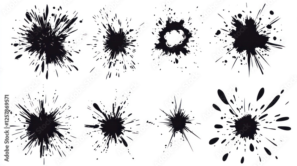 Radial explosion silhouette. Exploding bursts, round explosions cloud and exploded bomb effect ...