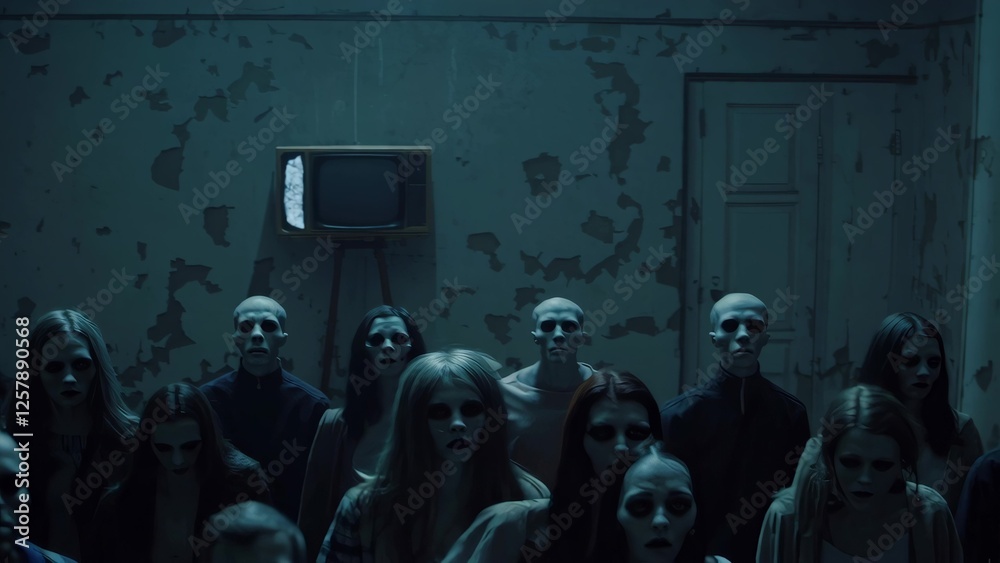 Group of eerie pale figures with black eyes and lips staring intensely ...