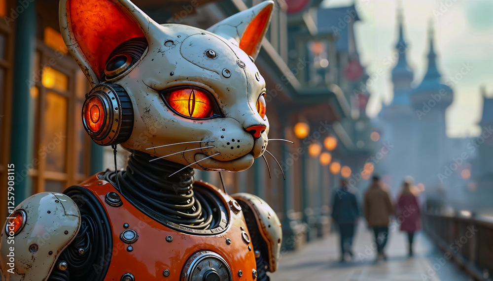 Robotic feline stands tall in a steampunk-inspired street. This robotic ...