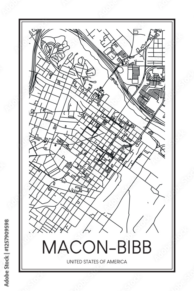 Printable downtown road map poster of the USA city of MACON-BIBB on ...