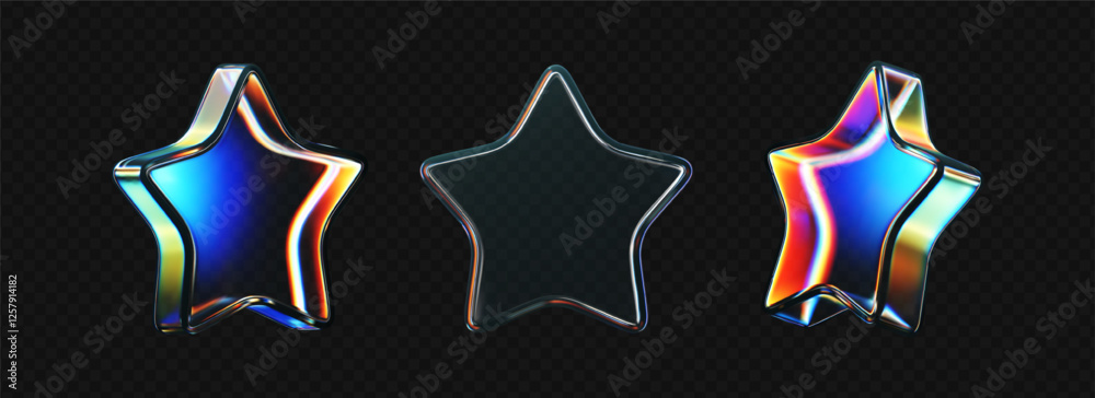 3D glass star icon set with refraction and holographic effect isolated ...