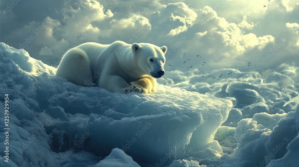Arctic polar bear resting on ice floe, birds flying, dramatic sky ...